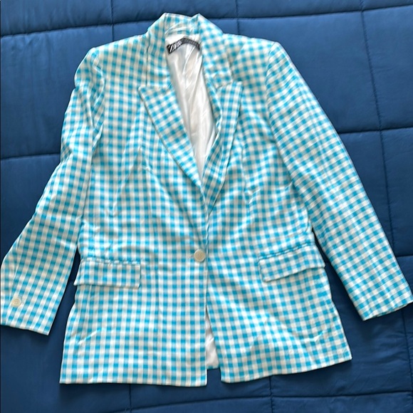 Zara | Jackets & Coats | Blue And White Checkered Blazer | Poshmark